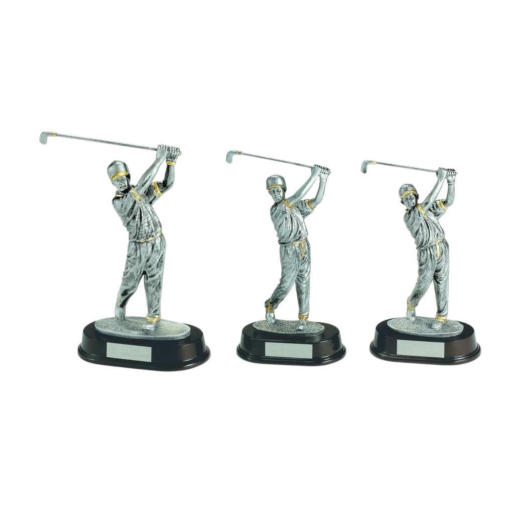 Silver And Gold Resin Male Golf Statue On Rosewood Base