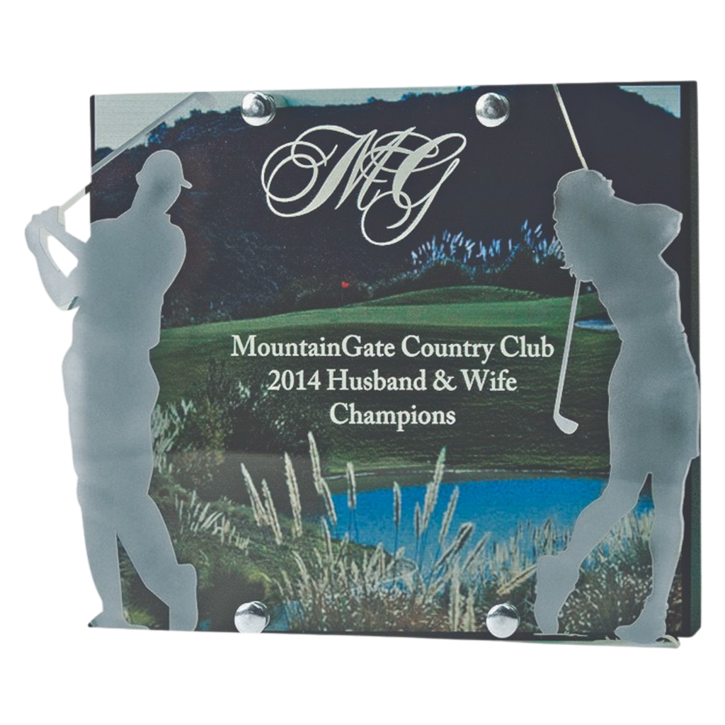 Lasered Cutout Of Mixed Golf Partners With Logo & Text