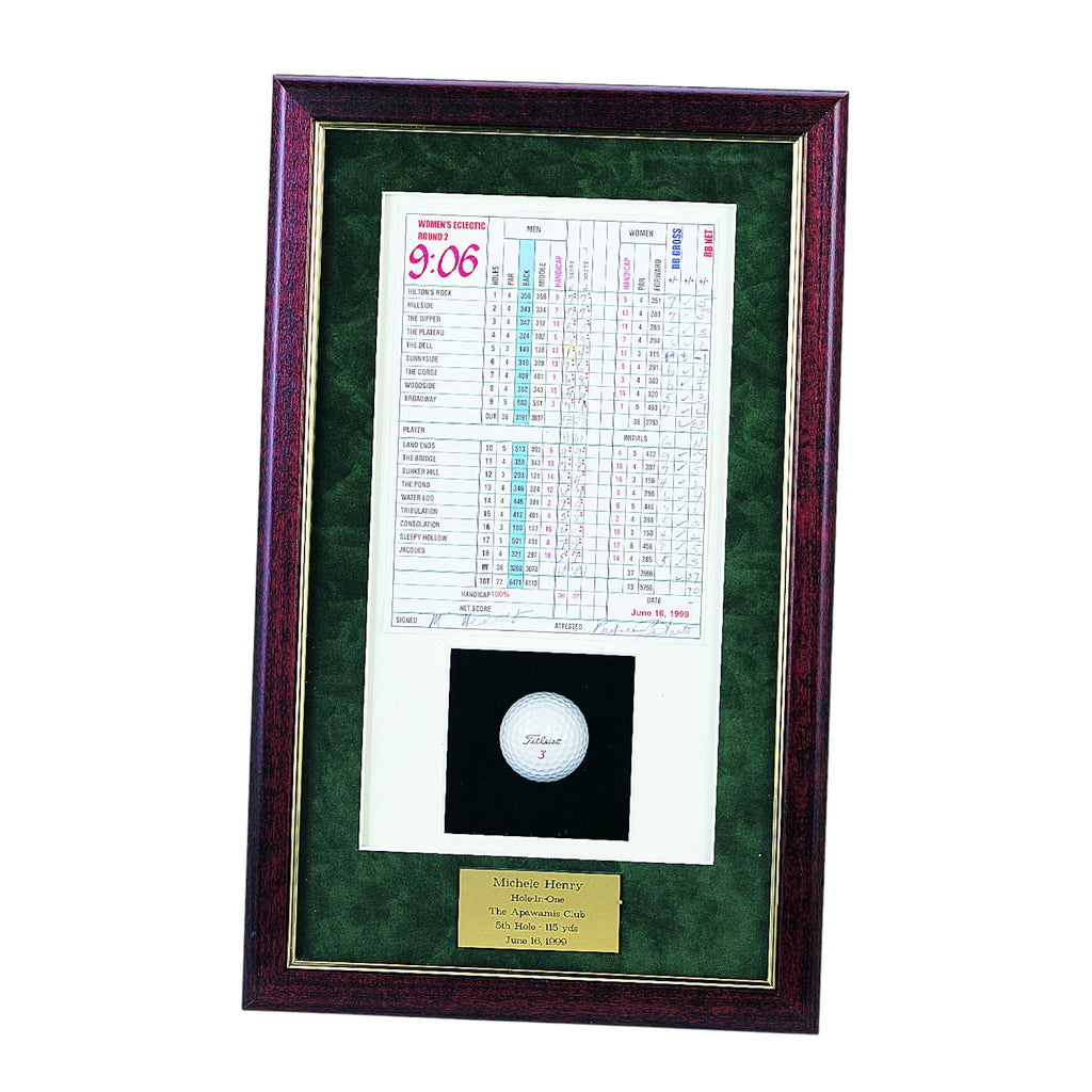 Rosewood Framed Hole-In-One Shadow Box with Scorecard, Ball and Plate