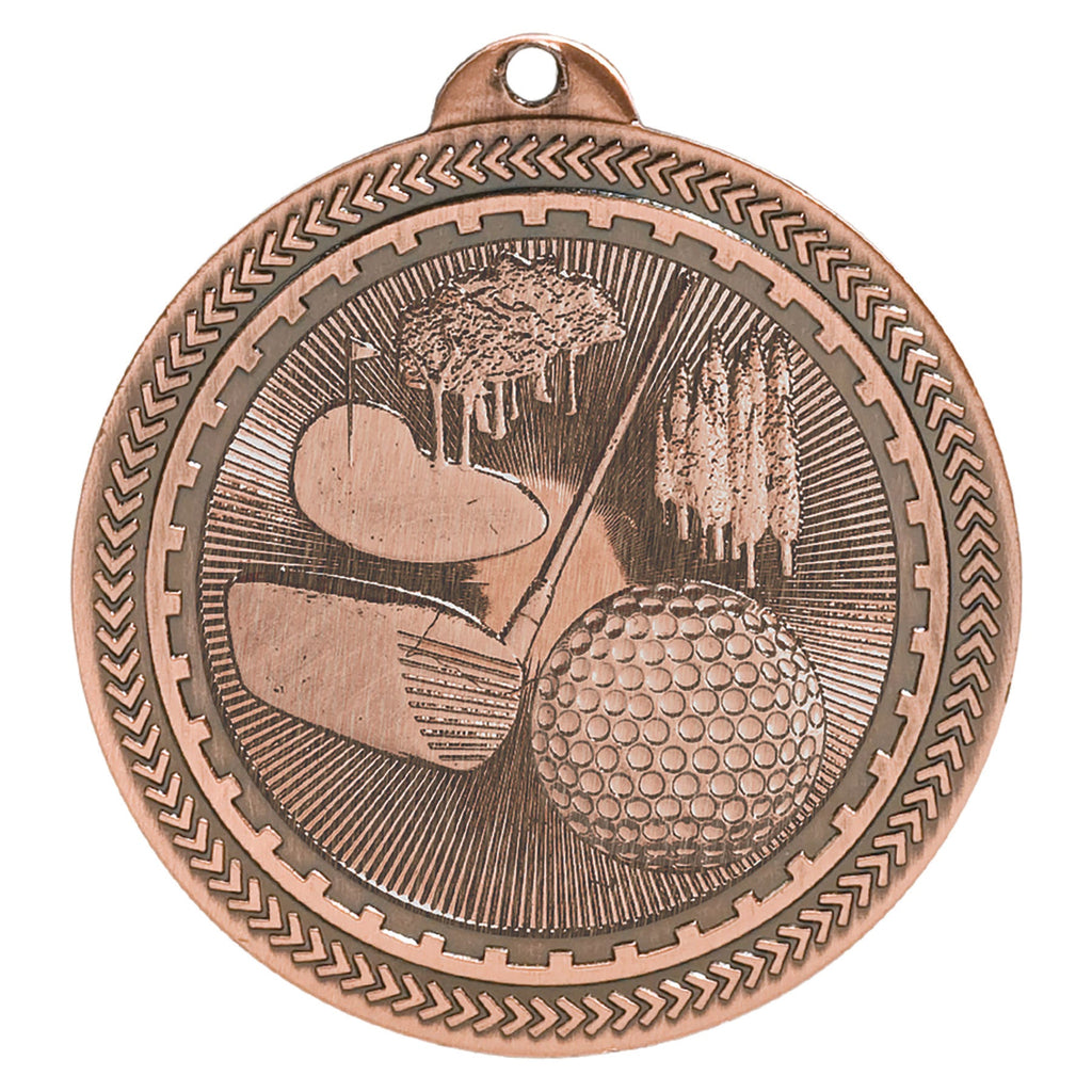 2" Golf Design Medal With Lasered Copy & Ribbon